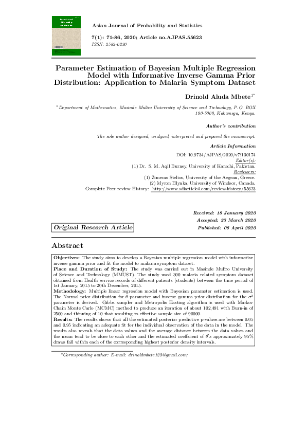 Pdf Parameter Estimation Of Bayesian Multiple Regression Model With Informative Inverse Gamma 4285