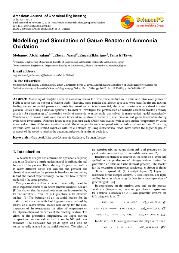 (PDF) Modelling and Simulation of Gauze Reactor of Ammonia Oxidation