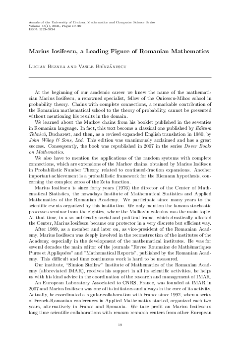 (PDF) Marius Iosifescu, a Leading Figure of Romanian Mathematics ...