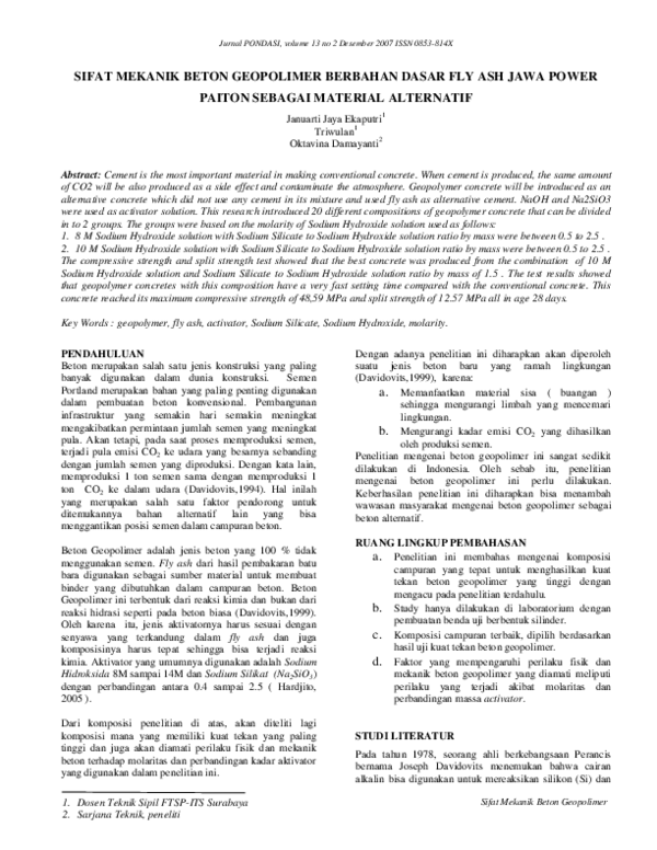 (PDF) Sifat Mekanik Beton Geopolimer Berbahan Dasar Fly Ash Jawa Power Paiton Sebagai Material ...