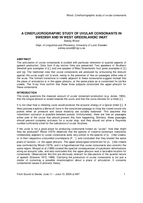 (PDF) A Cinefluorographic Study of Uvular Consonants in Swedish and in ...