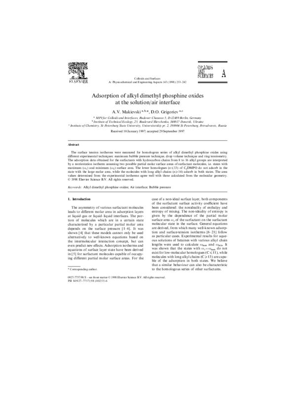 (PDF) Adsorption of alkyl dimethyl phosphine oxides at the solution/air ...