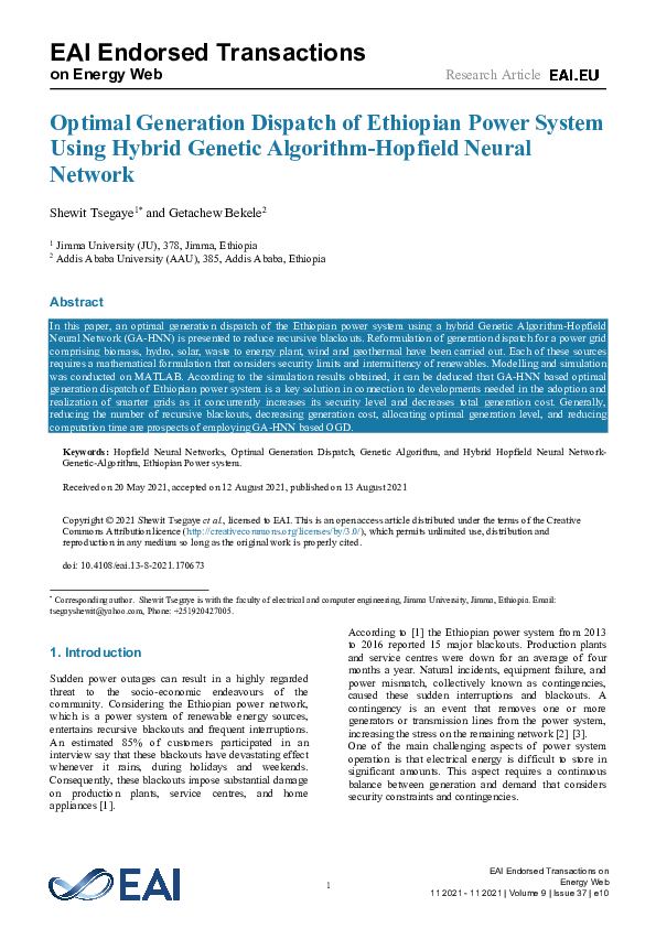 Pdf Optimal Generation Dispatch Of Ethiopian Power System Using Hybrid Genetic Algorithm