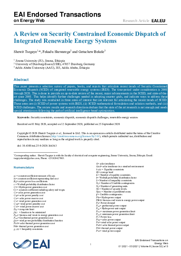 Pdf A Review On Security Constrained Economic Dispatch Of Integrated