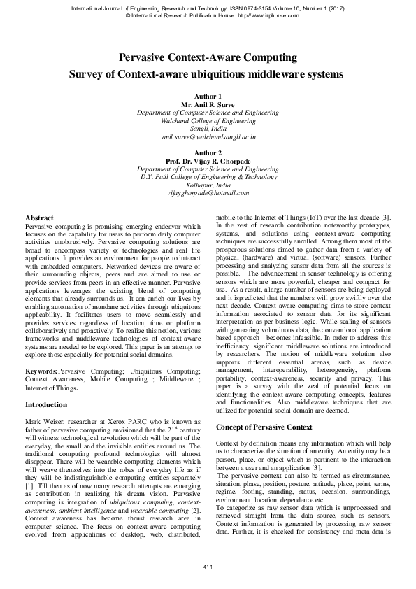 Pdf Pervasive Context Aware Computing Survey Of Context Aware Ubiquitious Middleware Systems