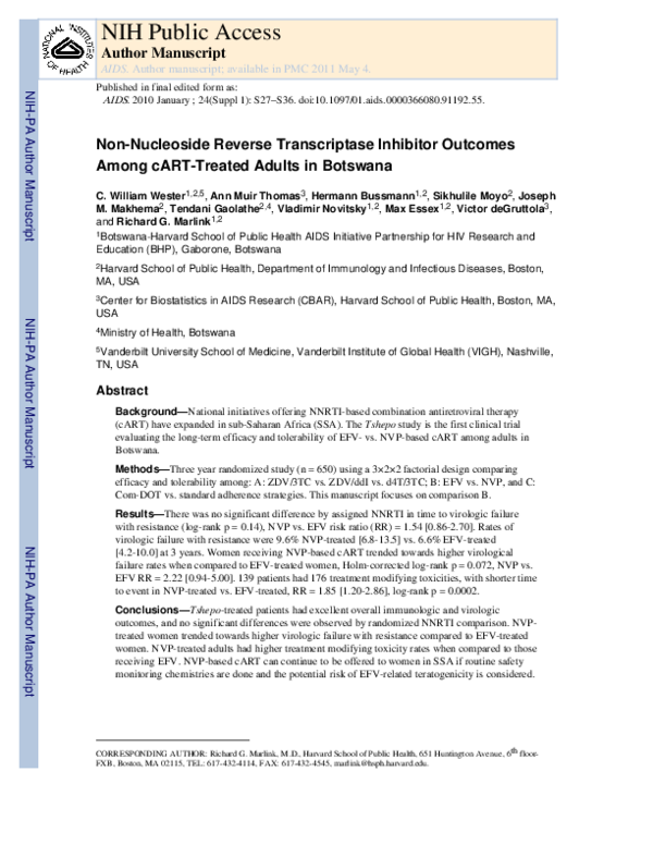(PDF) Non-Nucleoside Reverse Transcriptase Inhibitor Outcomes Among ...