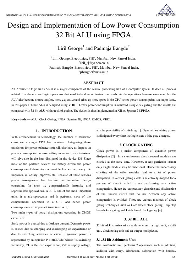 (PDF) 32 Bit ALU using FPGA