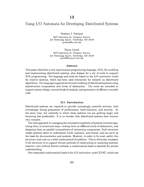 (PDF) Using I/O automata for developing distributed systems
