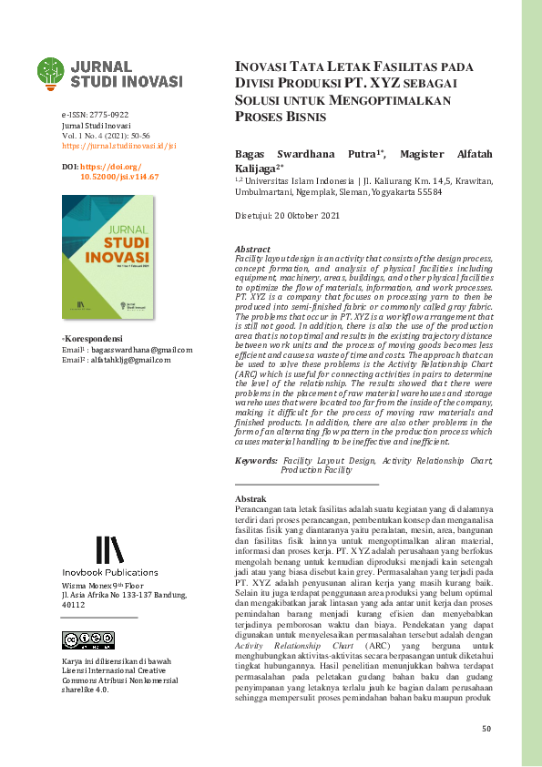 (PDF) Inovasi Tata Letak Fasilitas pada Divisi Produksi PT. XYZ sebagai ...