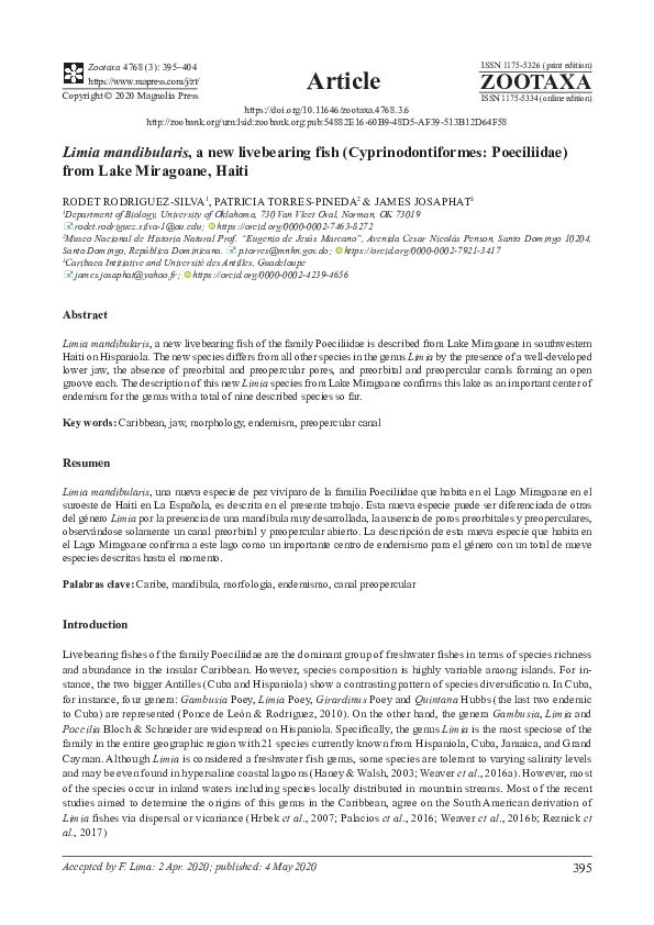 (PDF) Limia mandibularis, a new livebearing fish (Cyprinodontiformes ...