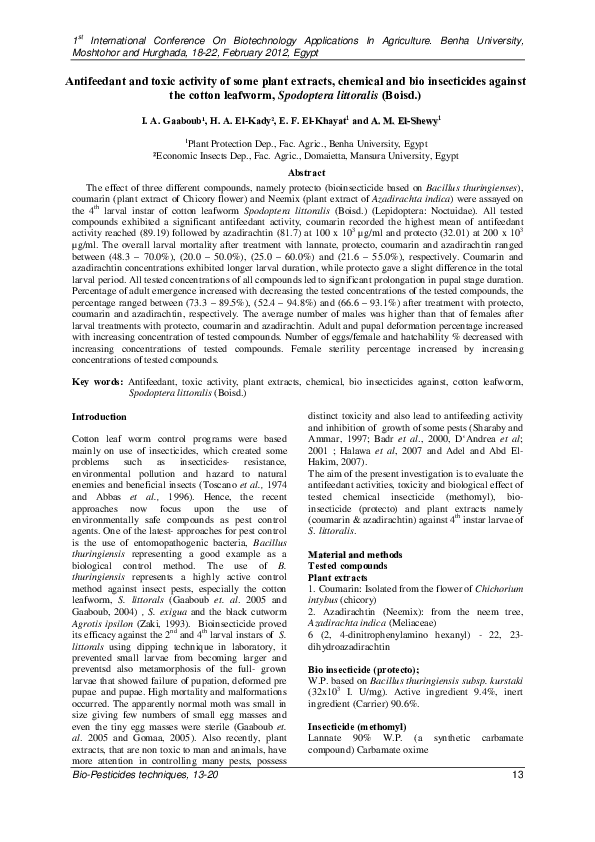 (PDF) Antifeedant and Toxic Activity of Some Plant Extracts Against Larvae of Cotton Leafworm ...