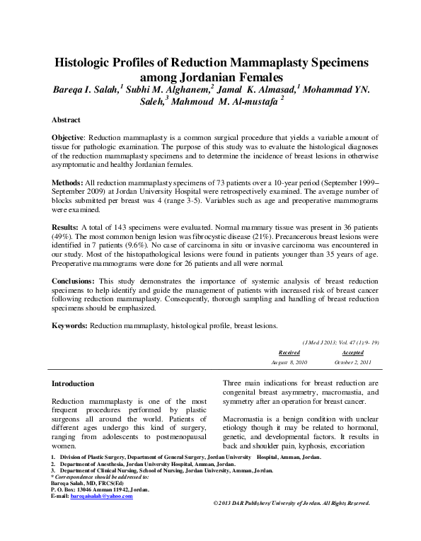 (PDF) Histologic Profiles of Reduction Mammaplasty Specimens among ...
