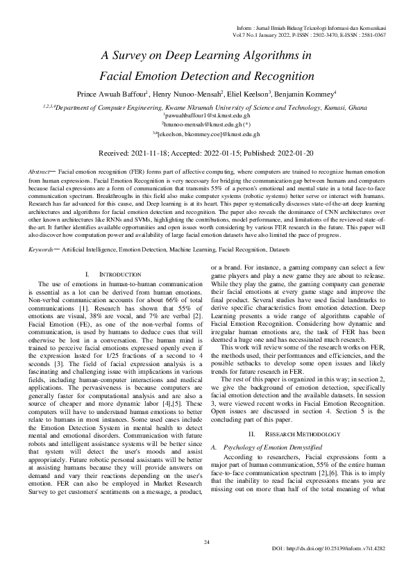 Pdf A Survey On Deep Learning Algorithms In Facial Emotion Detection