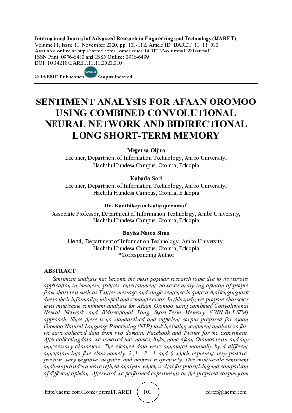 (PDF) Sentiment Analysis for Afaan Oromoo Using Combined Convolutional Neural Network and ...