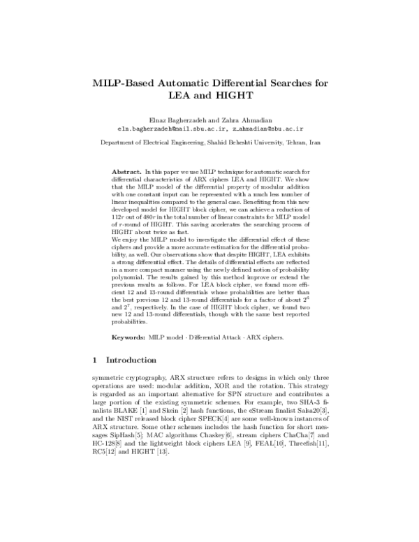 (PDF) MILP-Based Automatic Differential Searches for LEA and HIGHT