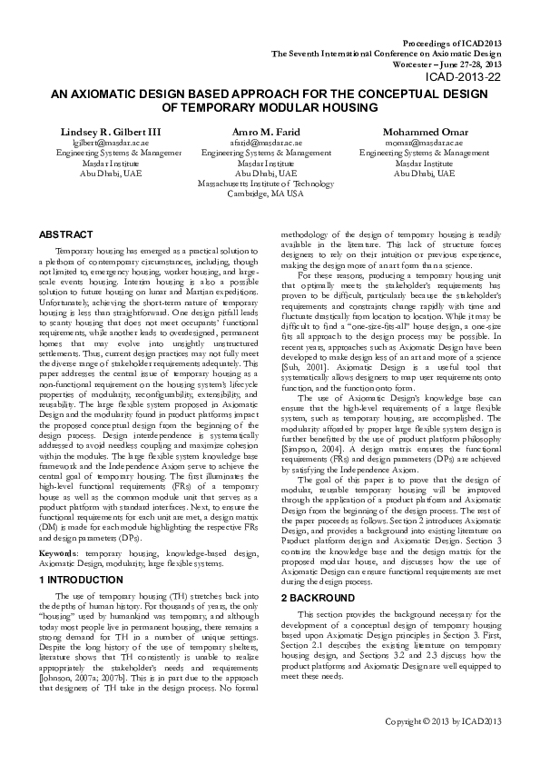 An Axiomatic Design Based Approach for the Conceptual Design of Temporary Modular Housing