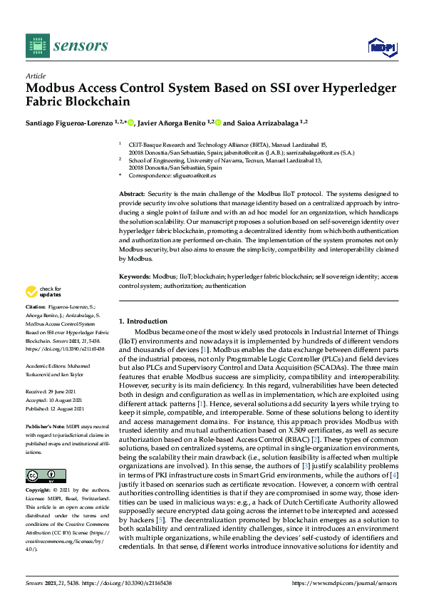 (PDF) Modbus Access Control System Based on SSI over Hyperledger Fabric Blockchain
