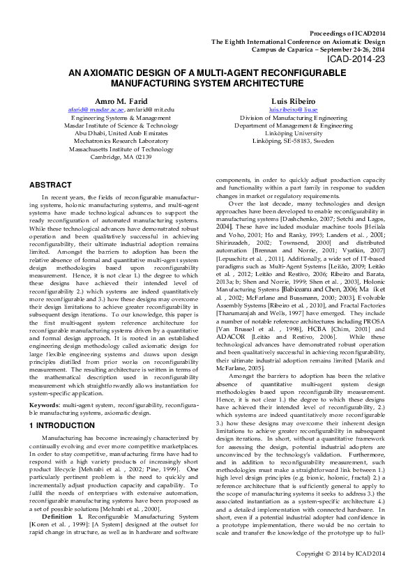Pdf An Axiomatic Design Of A Multi Agent Reconfigurable Manufacturing