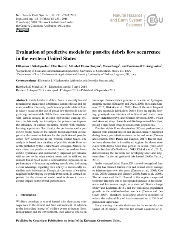 (PDF) Evaluation of predictive models for post-fire debris flow ...