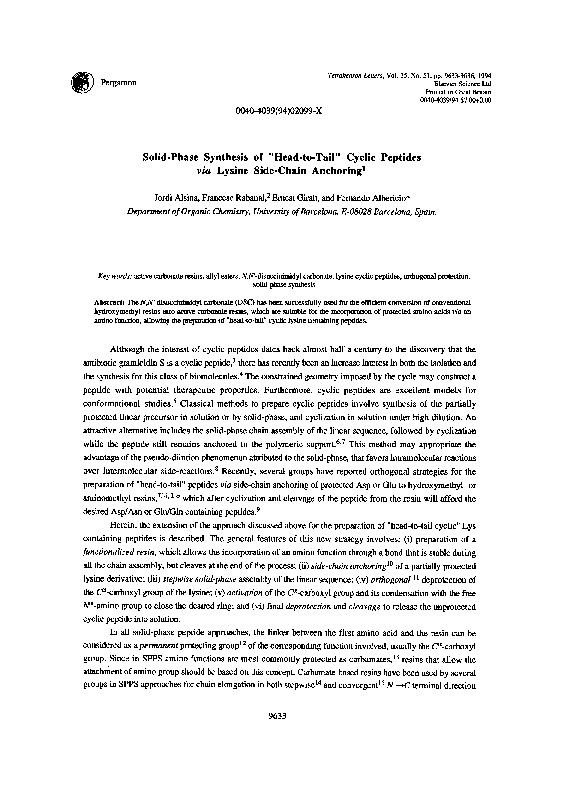 Pdf Solid Phase Synthesis Of “head To Tail” Cyclic Peptides Via