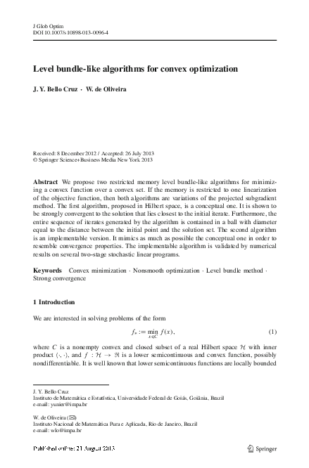 (PDF) Level Bundle-Like Algorithms for Convex Optimization