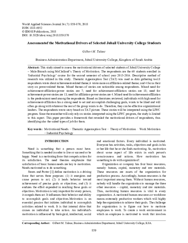 (PDF) Assessmentof the Motivational Drivers of Selected Jubail ...