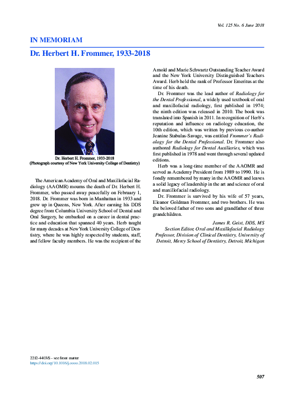 (PDF) Dr. Herbert H. Frommer, 1933-2018