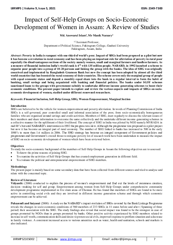 (PDF) Impact of Self-Help Groups on Socio-Economic Development of Women ...