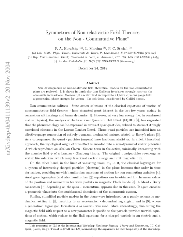 (PDF) Symmetries of Non-relativistic Field Theories on the Non-Commutative Plane ∗