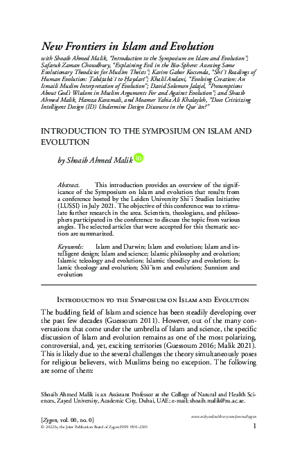 (PDF) Introduction to the Symposium on Islam and Evolution