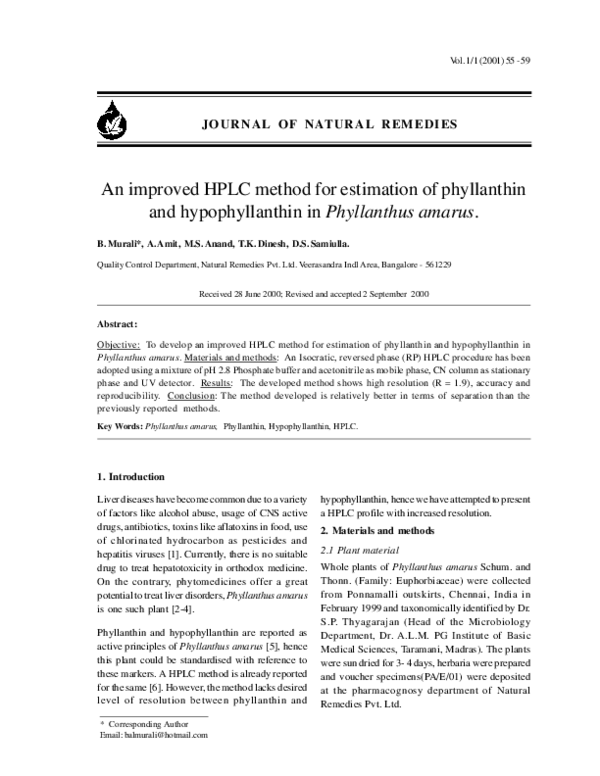 (PDF) An improved HPLC method for estimation of phyllanthin and ...