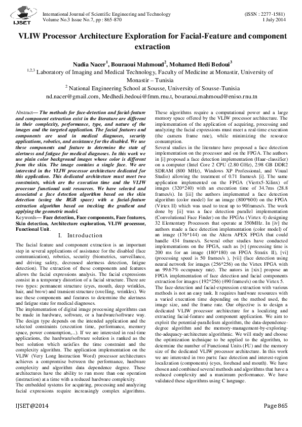 (PDF) VLIW Processor Architecture Exploration for Facial-Feature and component extraction