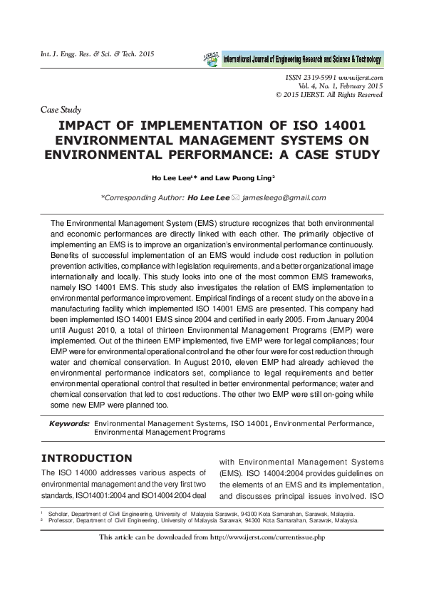 (PDF) Impact of Implementation of ISO 14001 Environmental Management ...