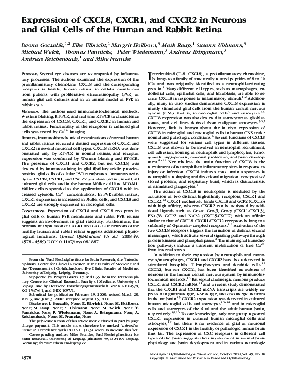 (PDF) Expression of CXCL8, CXCR1, and CXCR2 in Neurons and Glial Cells ...