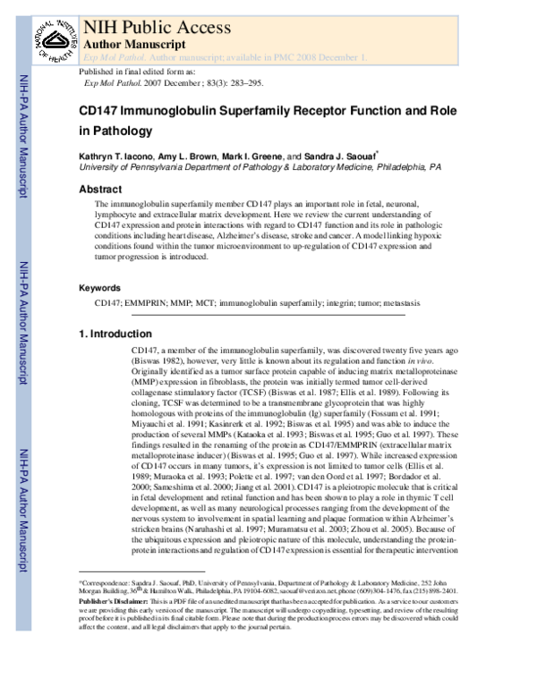(PDF) CD147 immunoglobulin superfamily receptor function and role in ...