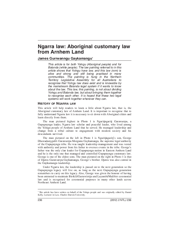 (PDF) Ngarra law: Aboriginal customary law from Arnhem Land