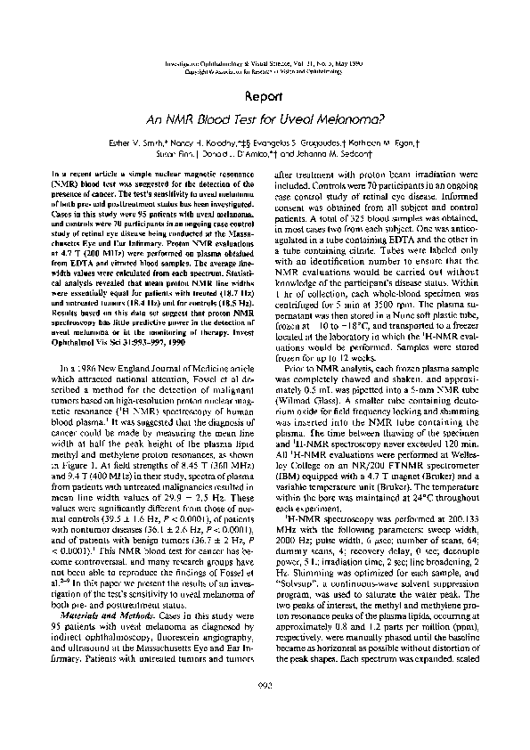 (PDF) An NMR blood test for uveal melanoma? | Nancy Kolodny - Academia.edu