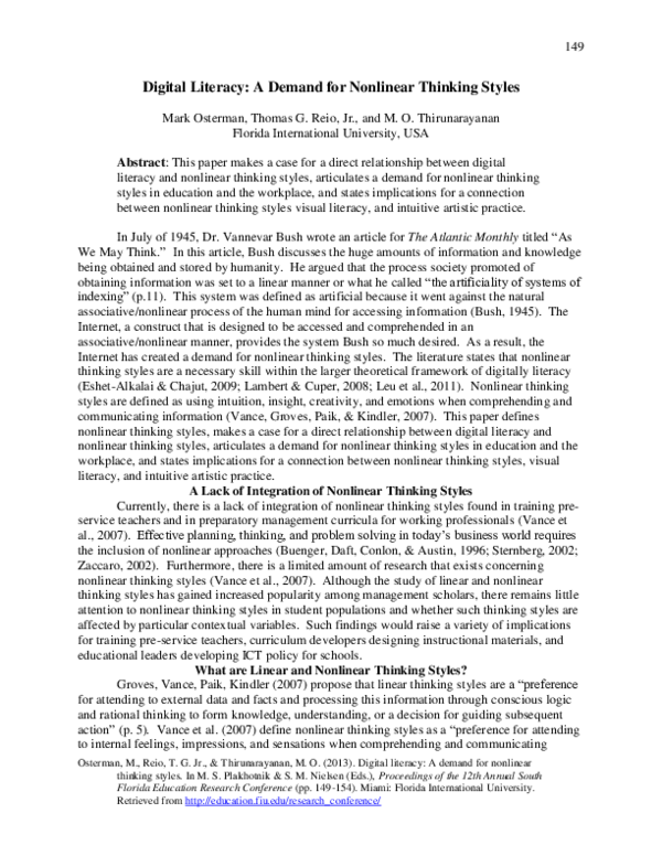 (PDF) Digital Literacy: A Demand for Nonlinear Thinking Styles