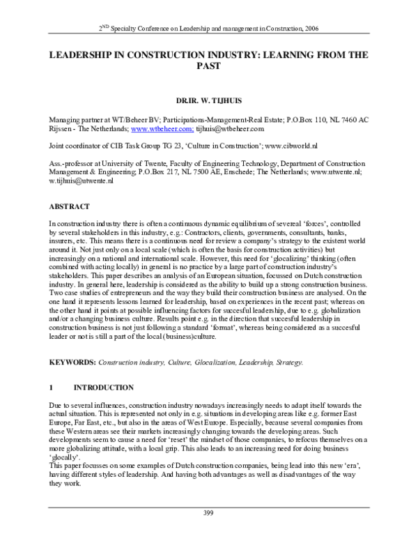 (PDF) Leadership in construction industry : Learning from the past