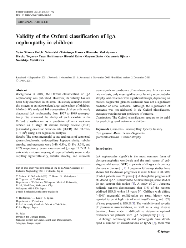 (PDF) Validity of the Oxford classification of IgA nephropathy in children