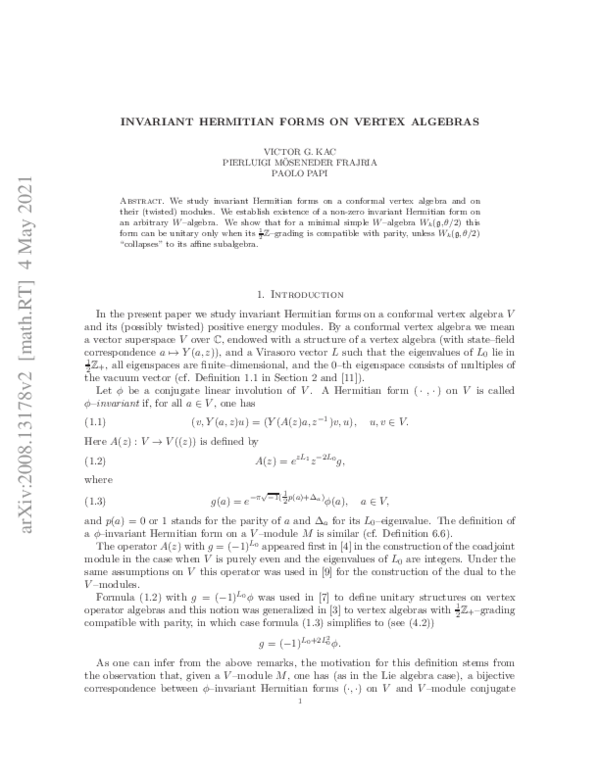(PDF) Invariant Hermitian forms on vertex algebras