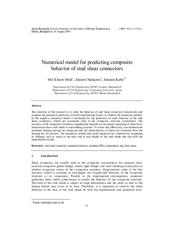 (PDF) Numerical model for predicting composite behavior of stud shear ...