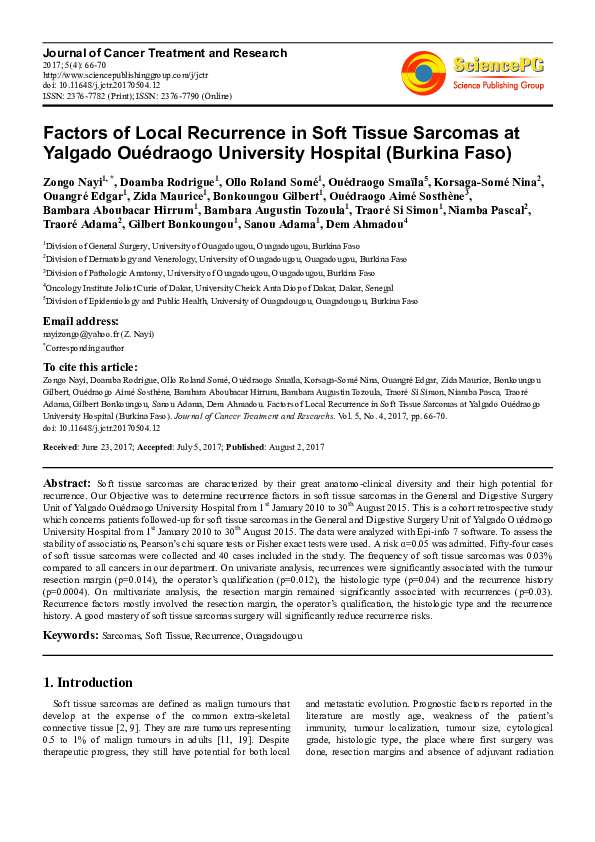 (PDF) Factors of Local Recurrence in Soft Tissue Sarcomas at Yalgado ...