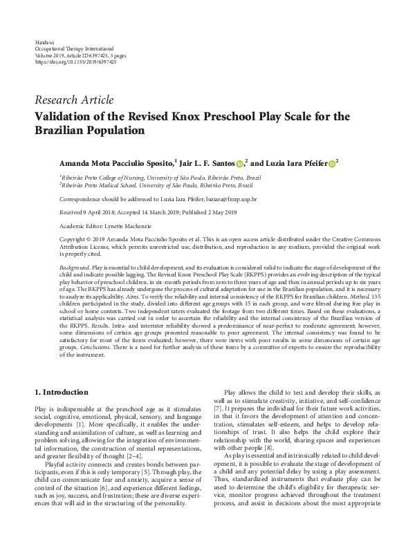 (PDF) Validation of the Revised Knox Preschool Play Scale for the ...
