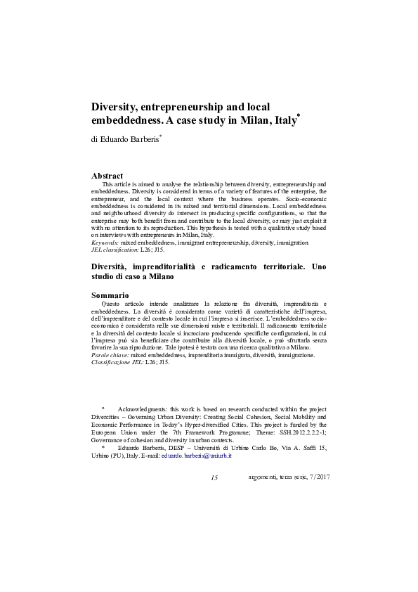 (PDF) Diversity, entrepreneurship and local embeddedness. A case study ...