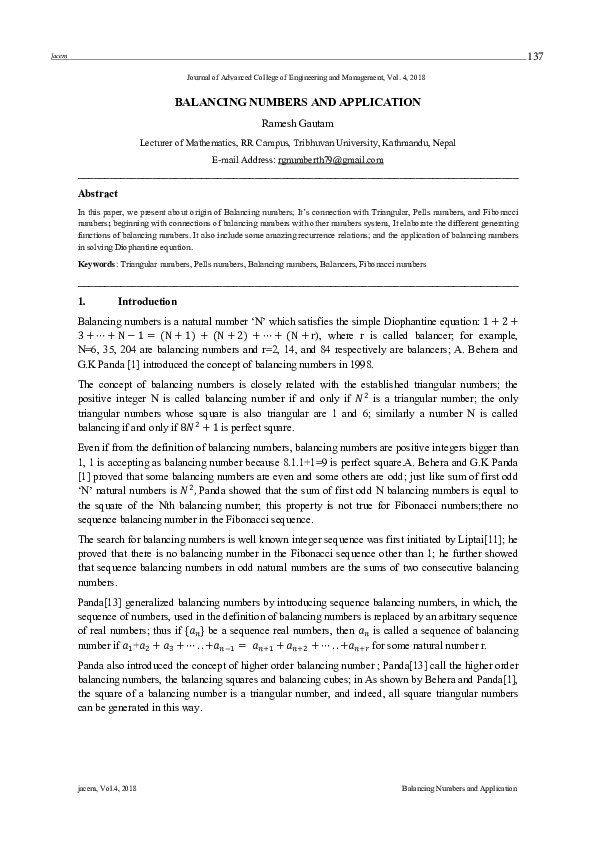 (PDF) Balancing Numbers and Application