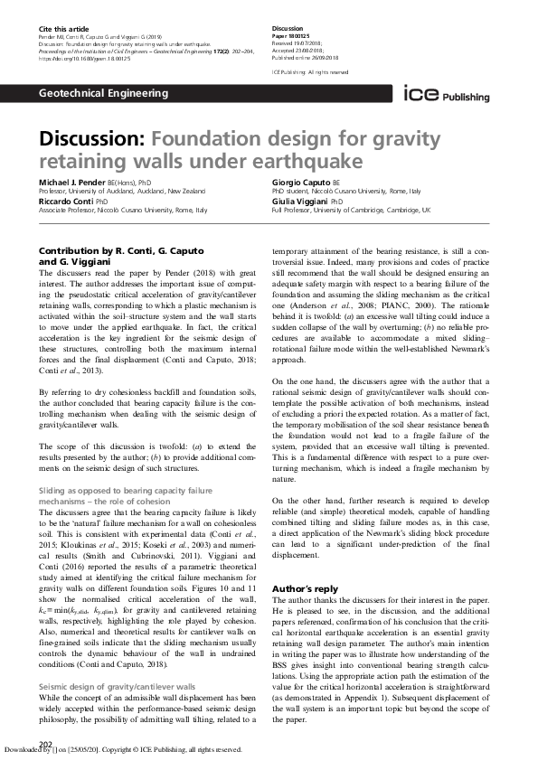 (PDF) Discussion: Foundation design for gravity retaining walls under ...