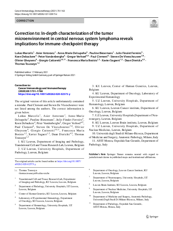 (PDF) Correction to: In-depth characterization of the tumor microenvironment in central nervous ...