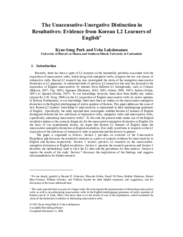 (PDF) The Unaccusative-UnergativeDistinction in Resultatives: Evidence ...