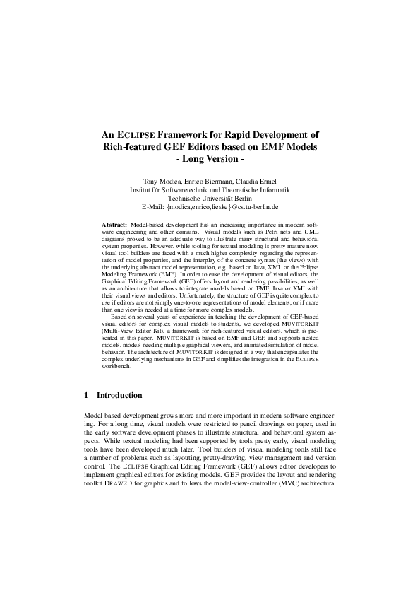 (PDF) An Eclipse Framework for Rapid Development of Rich-featured GEF Editors based on EMF Models